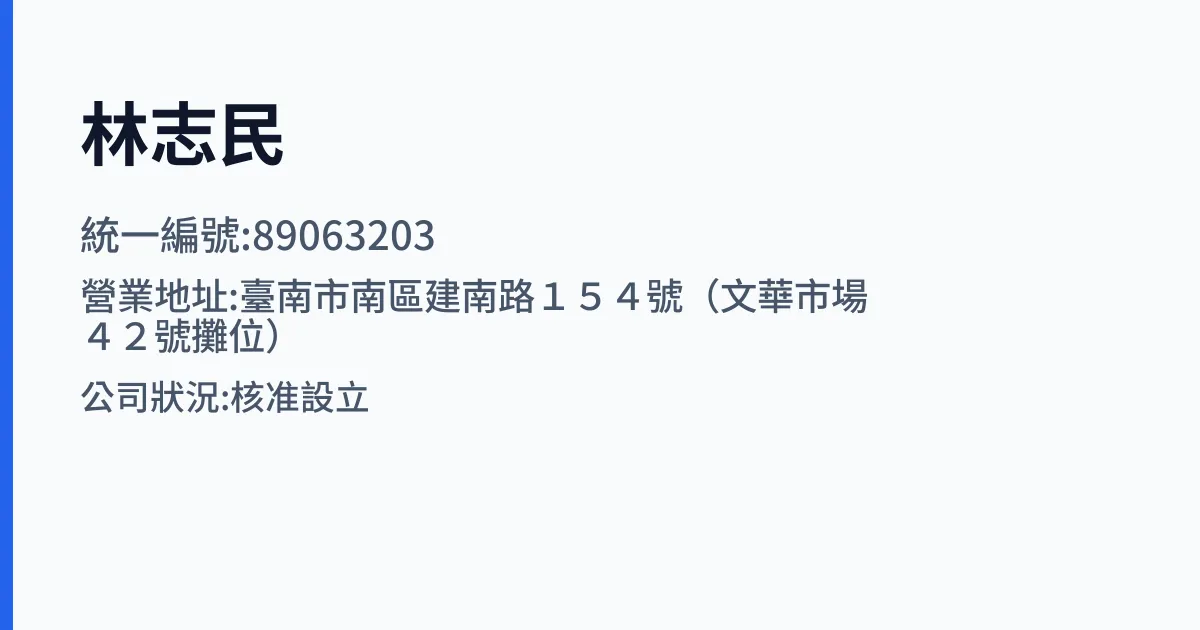 林志民 - 統編 89063203（臺南市） 公司登記資料與營業項目詳細圖表