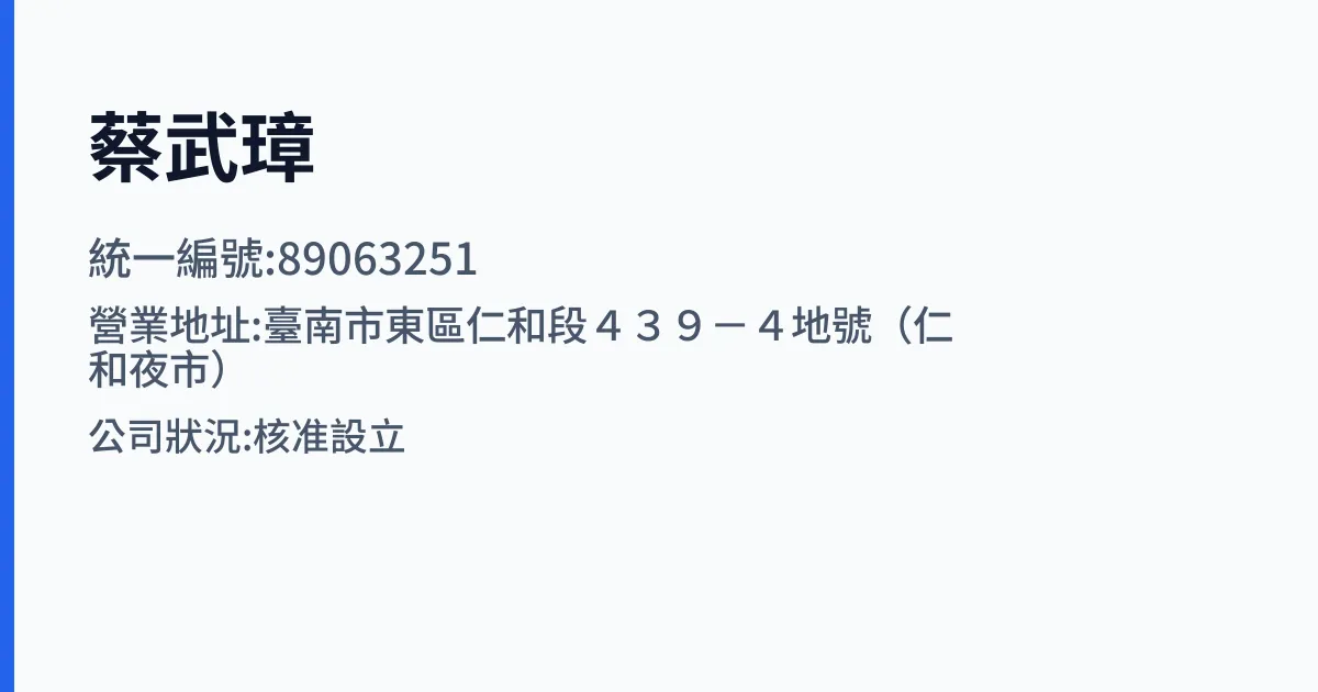 蔡武璋 - 統編 89063251(臺南市) 公司登記資料與營業項目詳細圖表