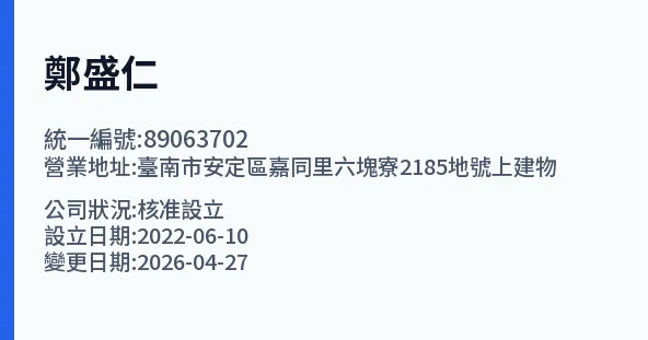 鄭盛仁的照片-統編 89063702(臺南市) 公司登記資料與營業項目詳細圖表