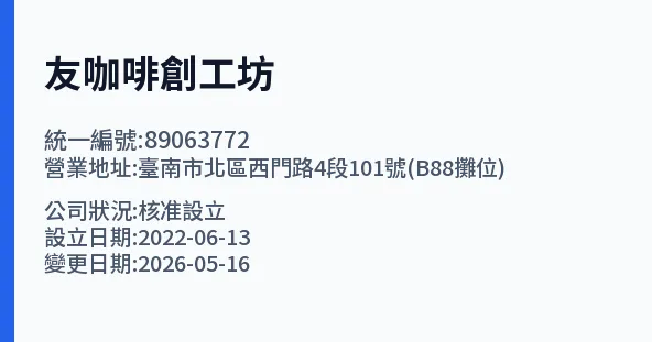 友咖啡創工坊的照片-統編 89063772(臺南市) 公司登記資料與營業項目詳細圖表
