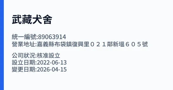 武藏犬舍的照片-統編 89063914(嘉義縣) 公司登記資料與營業項目詳細圖表