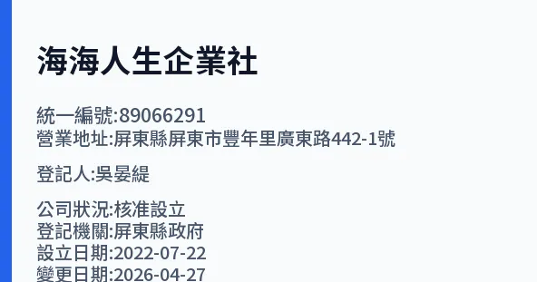 海海人生企業社的照片-統編 89066291(屏東縣) 公司登記資料與營業項目詳細圖表