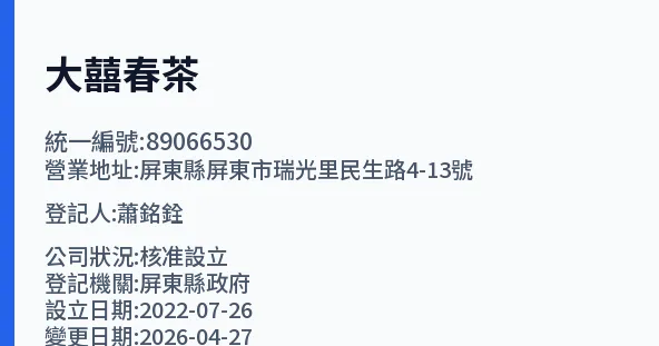 大囍春茶的照片-統編 89066530(屏東縣) 公司登記資料與營業項目詳細圖表