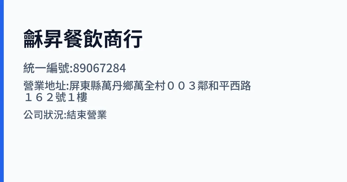 龢昇餐飲商行 - 統編 89067284(屏東縣) 公司登記資料與營業項目詳細圖表