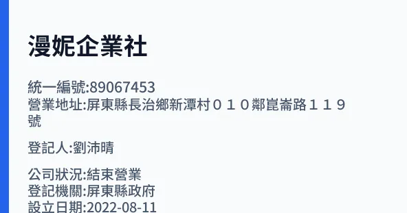 漫妮企業社的照片-統編 89067453(屏東縣) 公司登記資料與營業項目詳細圖表
