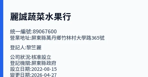 麗誠蔬菜水果行的照片-統編 89067600(屏東縣) 公司登記資料與營業項目詳細圖表