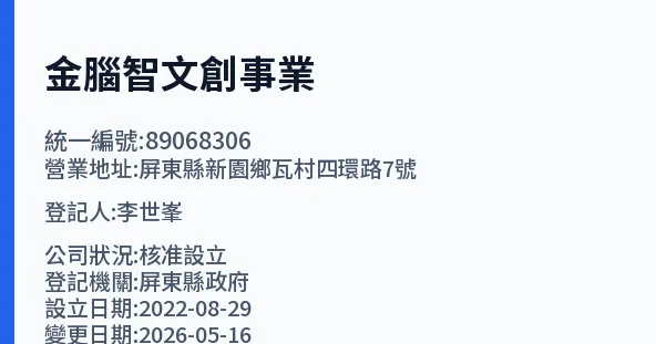 金腦智文創事業的照片-統編 89068306(屏東縣) 公司登記資料與營業項目詳細圖表