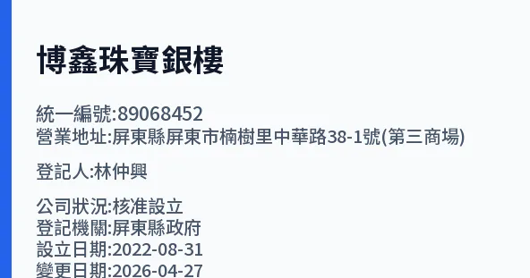 博鑫珠寶銀樓的照片-統編 89068452(屏東縣) 公司登記資料與營業項目詳細圖表