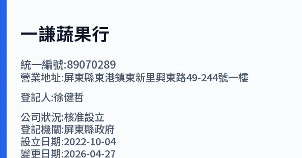 一謙蔬果行的照片-統編 89070289(屏東縣) 公司登記資料與營業項目詳細圖表