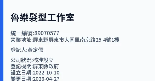 魯樂髮型工作室的照片-統編 89070577(屏東縣) 公司登記資料與營業項目詳細圖表
