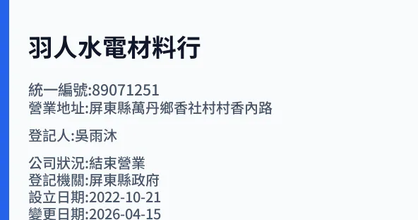 羽人水電材料行的照片-統編 89071251(屏東縣) 公司登記資料與營業項目詳細圖表