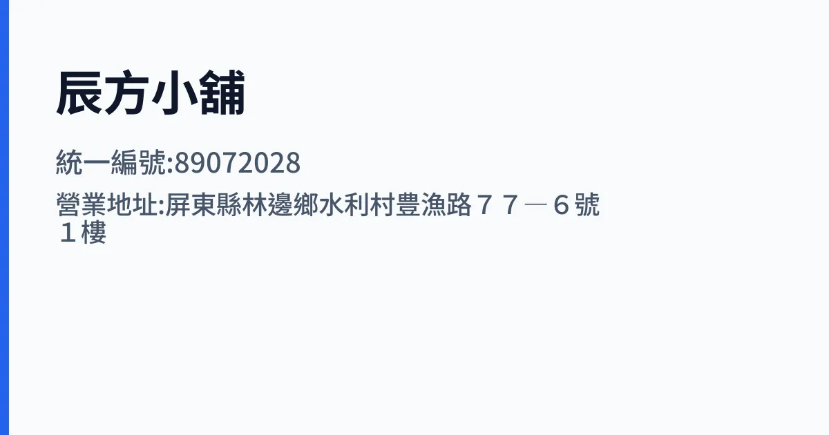 辰方小舖 - 統編 89072028(屏東縣) 公司登記資料與營業項目詳細圖表