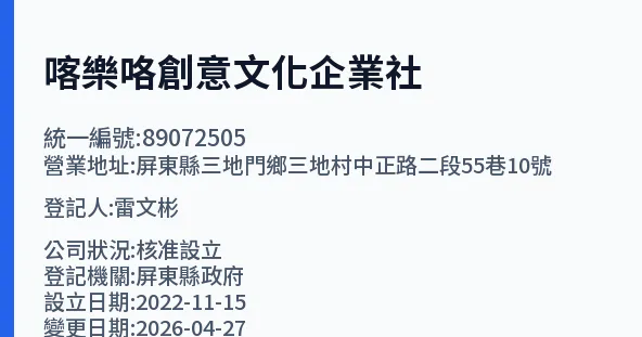 喀樂咯創意文化企業社的照片-統編 89072505(屏東縣) 公司登記資料與營業項目詳細圖表
