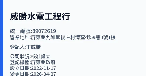 威勝水電工程行的照片-統編 89072619(屏東縣) 公司登記資料與營業項目詳細圖表