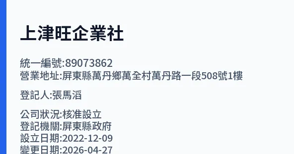 上津旺企業社的照片-統編 89073862(屏東縣) 公司登記資料與營業項目詳細圖表