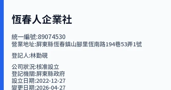 恆春人企業社的照片-統編 89074530(屏東縣) 公司登記資料與營業項目詳細圖表