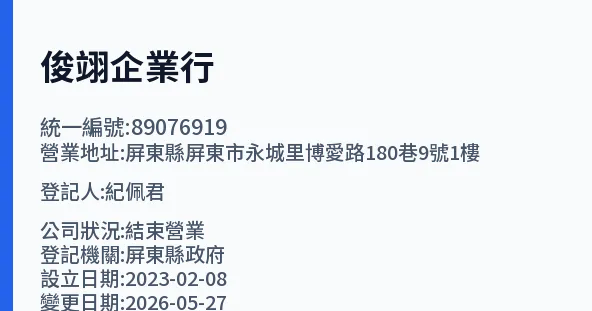 俊翊企業行的照片-統編 89076919(屏東縣) 公司登記資料與營業項目詳細圖表