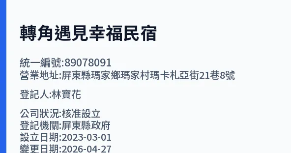 轉角遇見幸福民宿的照片-統編 89078091(屏東縣) 公司登記資料與營業項目詳細圖表