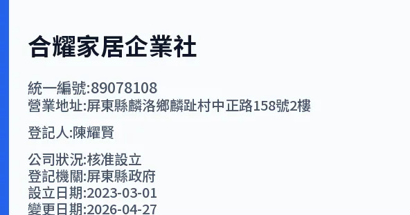 合耀家居企業社的照片-統編 89078108(屏東縣) 公司登記資料與營業項目詳細圖表
