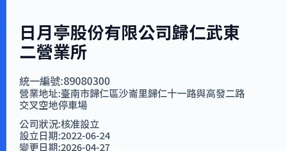 日月亭股份有限公司歸仁武東二營業所的照片-統編 89080300(臺南市) 公司登記資料與營業項目詳細圖表