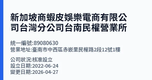 新加坡商蝦皮娛樂電商有限公司台灣分公司台南民權營業所的照片-統編 89080630(臺南市) 公司登記資料與營業項目詳細圖表