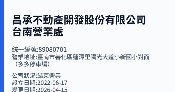 昌承不動產開發股份有限公司台南營業處的照片-統編 89080701(臺南市) 公司登記資料與營業項目詳細圖表