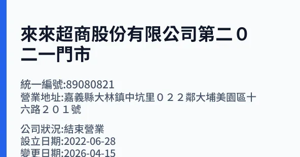來來超商股份有限公司第二０二一門市的照片-統編 89080821(嘉義縣) 公司登記資料與營業項目詳細圖表