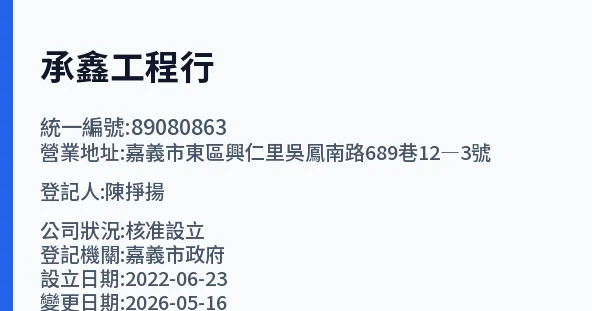 承鑫工程行的照片-統編 89080863(嘉義市) 公司登記資料與營業項目詳細圖表