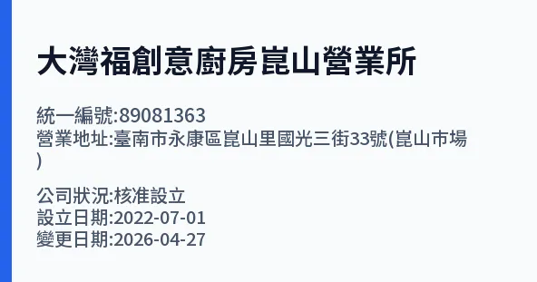 大灣福創意廚房崑山營業所的照片-統編 89081363(臺南市) 公司登記資料與營業項目詳細圖表