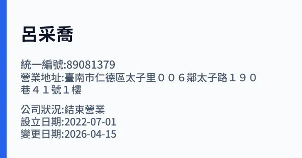 呂采喬的照片-統編 89081379(臺南市) 公司登記資料與營業項目詳細圖表