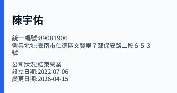 陳宇佑的照片-統編 89081906(臺南市) 公司登記資料與營業項目詳細圖表