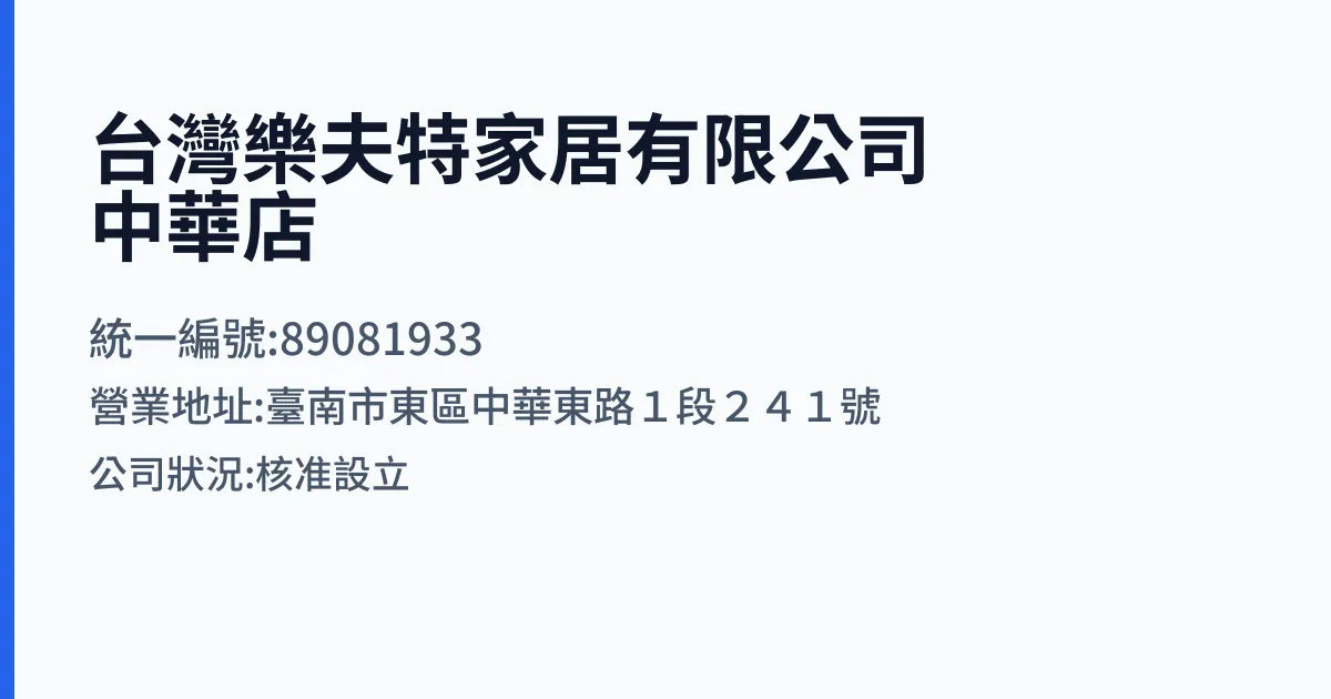 台灣樂夫特家居有限公司中華店 - 統編 89081933（臺南市） 公司登記資料與營業項目詳細圖表