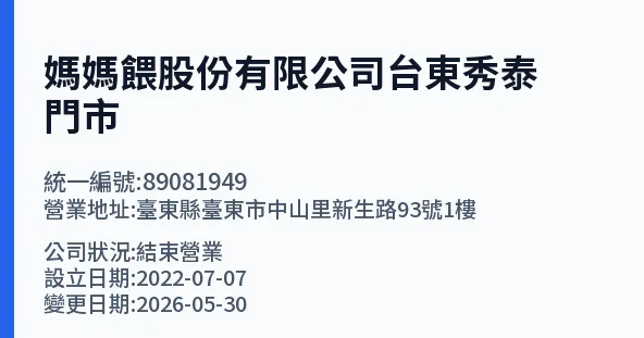 媽媽餵股份有限公司台東秀泰門市的照片-統編 89081949(臺東縣) 公司登記資料與營業項目詳細圖表