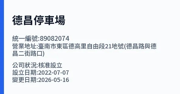 德昌停車場的照片-統編 89082074(臺南市) 公司登記資料與營業項目詳細圖表