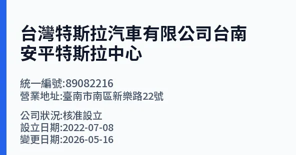 台灣特斯拉汽車有限公司台南安平特斯拉中心的照片-統編 89082216(臺南市) 公司登記資料與營業項目詳細圖表