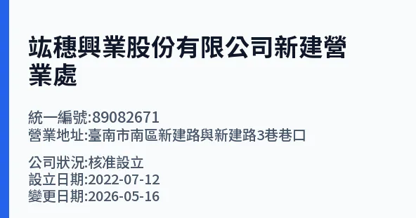 竑穗興業股份有限公司新建營業處的照片-統編 89082671(臺南市) 公司登記資料與營業項目詳細圖表
