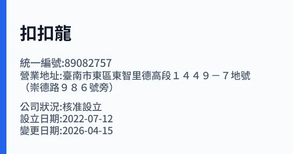 扣扣龍的照片-統編 89082757(臺南市) 公司登記資料與營業項目詳細圖表