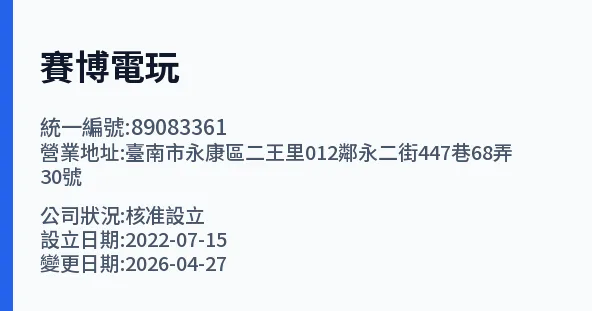 賽博電玩的照片-統編 89083361(臺南市) 公司登記資料與營業項目詳細圖表