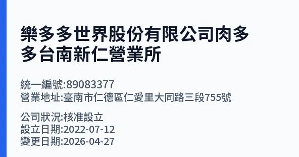 樂多多世界股份有限公司肉多多台南新仁營業所的照片-統編 89083377(臺南市) 公司登記資料與營業項目詳細圖表