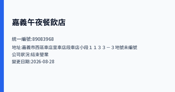 嘉義午夜餐飲店的照片-統編 89083968(嘉義市) 公司登記資料與營業項目詳細圖表