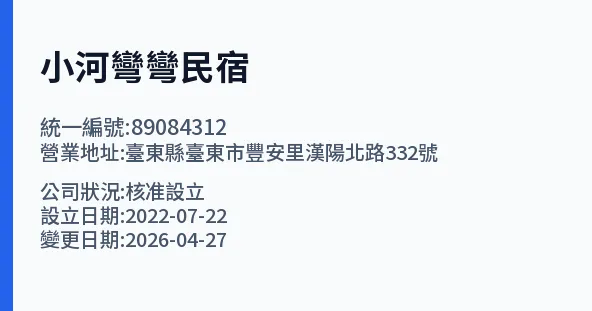 小河彎彎民宿的照片-統編 89084312(臺東縣) 公司登記資料與營業項目詳細圖表