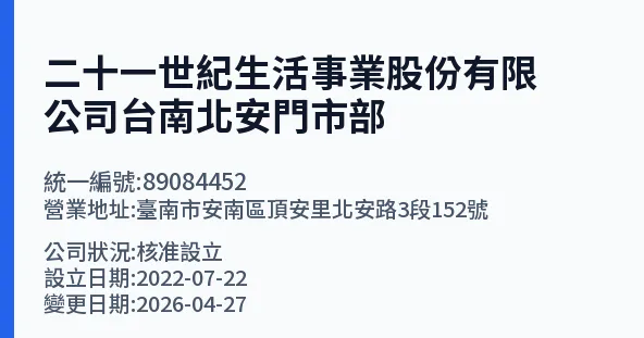 二十一世紀生活事業股份有限公司台南北安門市部的照片-統編 89084452(臺南市) 公司登記資料與營業項目詳細圖表