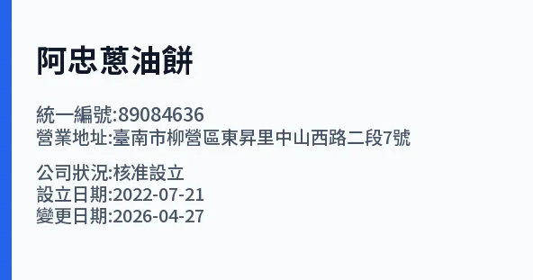 阿忠蔥油餅的照片-統編 89084636(臺南市) 公司登記資料與營業項目詳細圖表