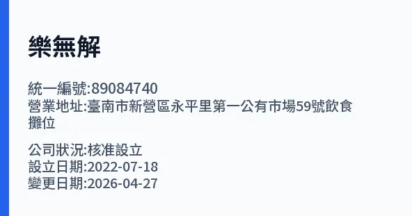 樂無解的照片-統編 89084740(臺南市) 公司登記資料與營業項目詳細圖表