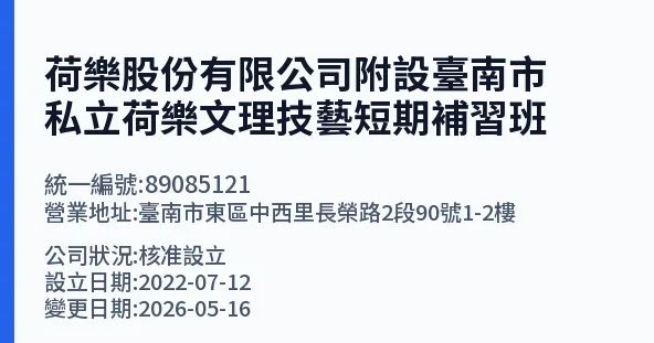 荷樂股份有限公司附設臺南市私立荷樂文理技藝短期補習班的照片-統編 89085121(臺南市) 公司登記資料與營業項目詳細圖表