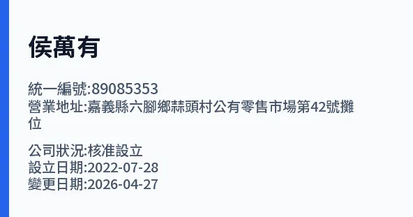 侯萬有的照片-統編 89085353(嘉義縣) 公司登記資料與營業項目詳細圖表