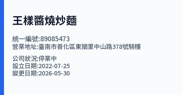 王樣醬燒炒麵的照片-統編 89085473(臺南市) 公司登記資料與營業項目詳細圖表