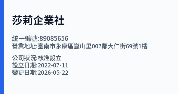莎莉企業社的照片-統編 89085656(臺南市) 公司登記資料與營業項目詳細圖表
