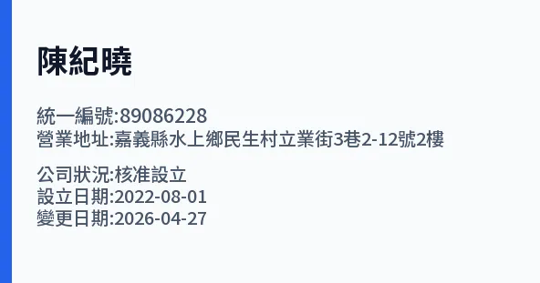 陳紀曉的照片-統編 89086228(嘉義縣) 公司登記資料與營業項目詳細圖表