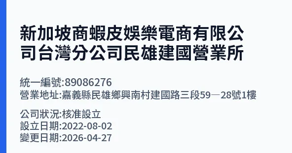 新加坡商蝦皮娛樂電商有限公司台灣分公司民雄建國營業所的照片-統編 89086276(嘉義縣) 公司登記資料與營業項目詳細圖表